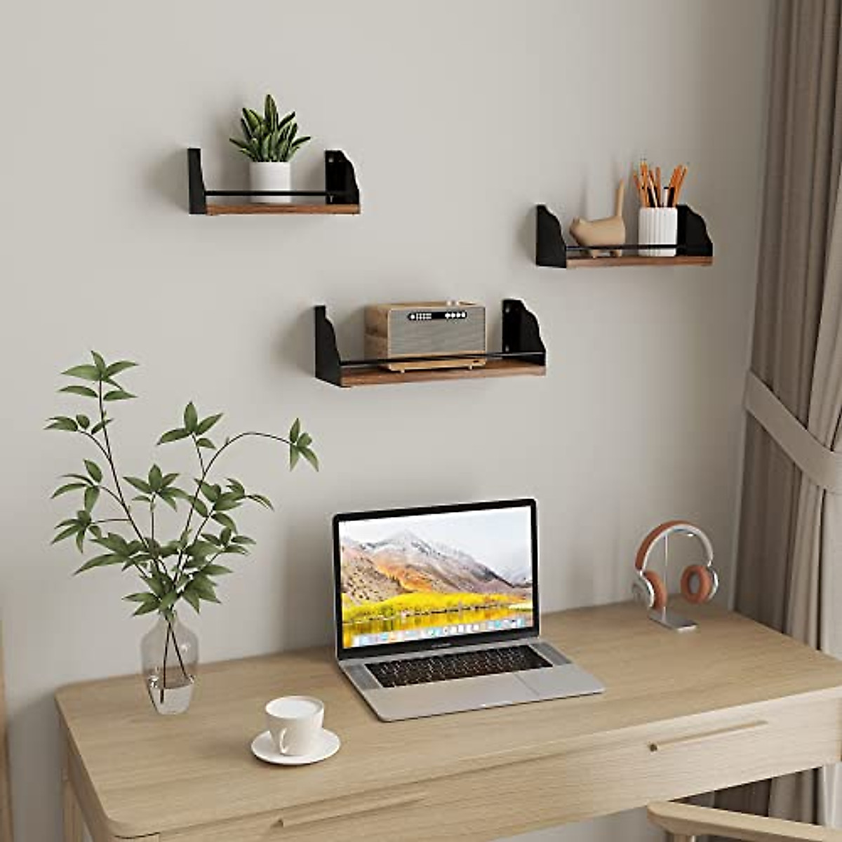 EYMPEU Floating Wall Shelves Set of 3 with Fence, Rustic Wall Shelf with Bar Bracket for Wall Mounted Hanging, Bathroom, Kitchen, Bedroom, Living Room, Plant