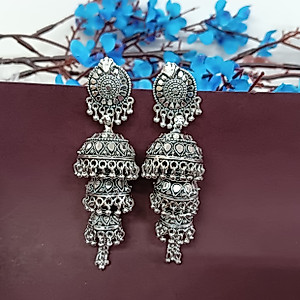 Efulgenz Indian Oxidized Jewelry Boho Vintage Layer Jhumka Jhumki Tassel Dangle Statement Earrings for Women