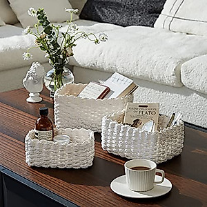 LA JOLIE MUSE Woven Storage Baskets for Organizing, Recycled Paper Rope Basket Bin Divider for Makeup Towel Shelf Cupboards Drawer Closet Dresser, Decorative White Storage Basket Set of 3