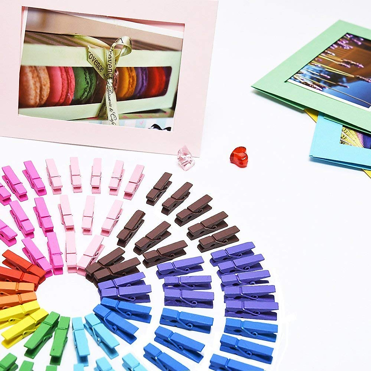 EBOOT Mini Natural Wooden Clothespins Photo Paper Peg Pin Craft Clips with Natural Twine, 100 Pieces (10 Colors)