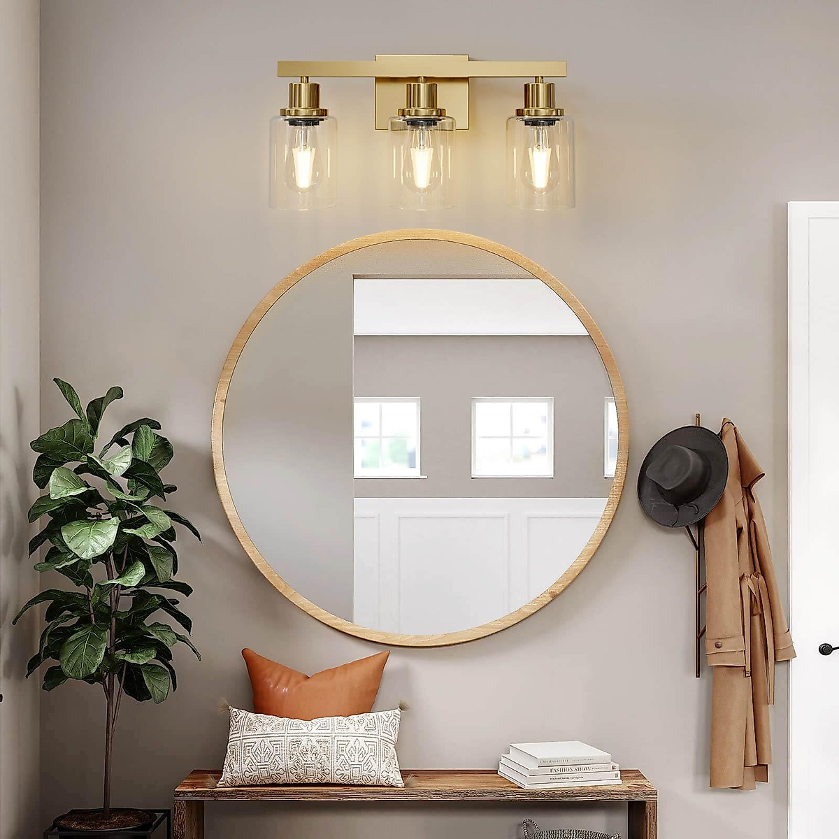 DIKAIDA 3 Light Gold Bathroom Light Fixtures, Bathroom Vanity Light Over Mirror, Gold Wall Sconce Vanity Lighting with Clear Glass Shade,Modern Farmhouse Bath Wall Lamp for Mirror Kitchen