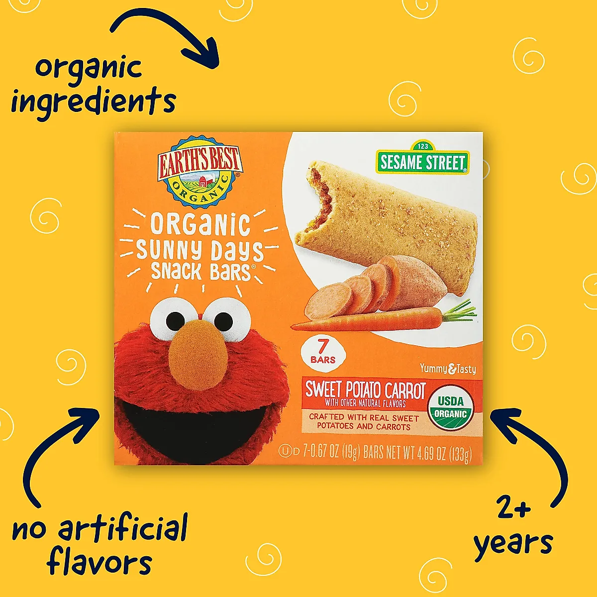 Earth's Best Organic Kids Snacks, Sesame Street Toddler Snacks, Organic Sunny Days Snack Bars for Toddlers 2 Years and Older, Sweet Potato and Carrot with Other Natural Flavors, 7 Bars per Box (Pack of 6)