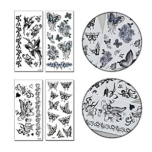 8 Sheets Black Butterfly Temporary Tattoos Waterproof Long lasting Fake Tattoos Sexy Realistic Arm Tattoos Stickers for Women Girls