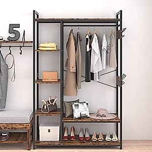 Free Standing Closet Organizer with Storage Box & Side Hook, Portable Garment Rack with 6 Heavy Duty Shelves and Hanging Rod, Black Metal Frame Hanging Closet Shelves - Rustic Brown