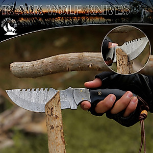BLACK WOLF KNIFE Handmade Damascus Steel Tracker Knife EDC for Hunting, Bush craft, Camping, Fixed Blade G10 Handle with Cowhide Leather Sheath – BW-4141