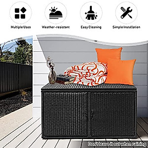 Tangkula Outdoor Wicker Storage Box, Garden Deck Bin with Steel Frame, Rattan Pool Storage Box with Lid, Ideal for Storing Tools, Accessories and Toys, 88 Gallon Capacity (Black)