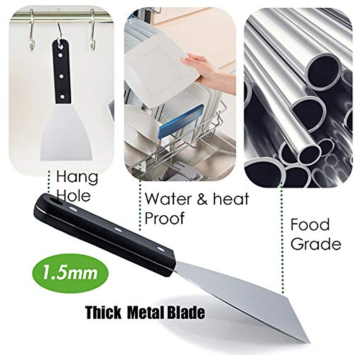 Grill Griddle Scraper Set of 2, Leonyo Stainless Steel Metal Grill Scraper Tool for Flat Top Teppanyaki BBQ, Versatile Scraper for Dough Pancake Pizza Home Baking Cooking, Slant Edge & Dishwasher Safe