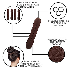 Styla Hair Brunette 4 Count Hair Bun Maker Accessories, Large Foam Sponge Shaper for Easy Bun Twister, Ballet Buns, French Twist, Updo's, Waves & more - Strong, Flexible, Reusable