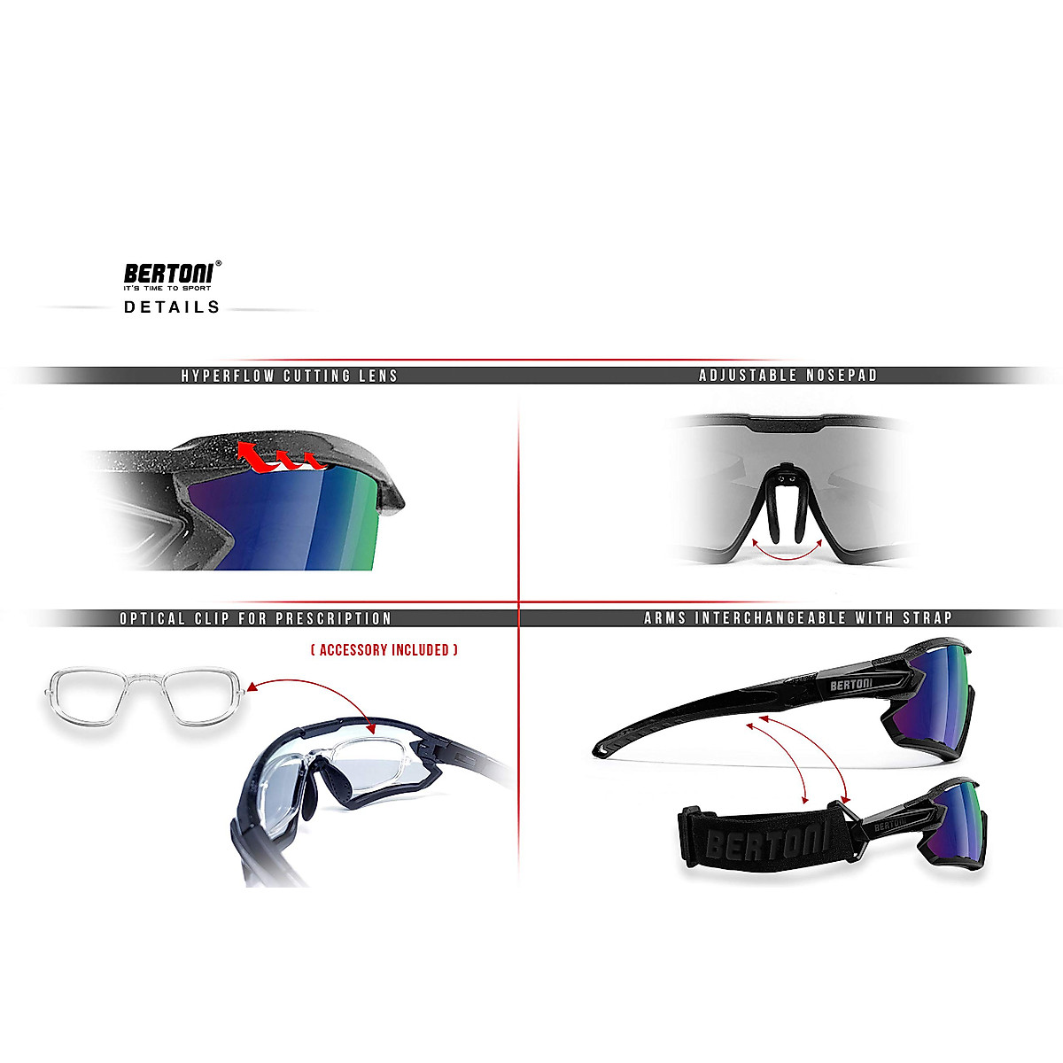 Bertoni Sport Sunglasses Cycling MTB Running Ski Golf Sport Sunglasses Cycling MTB Running Ski Golf Removable Sport Prescription Carrier Included mo mod. QUASAR (Black/Silver Mirror)
