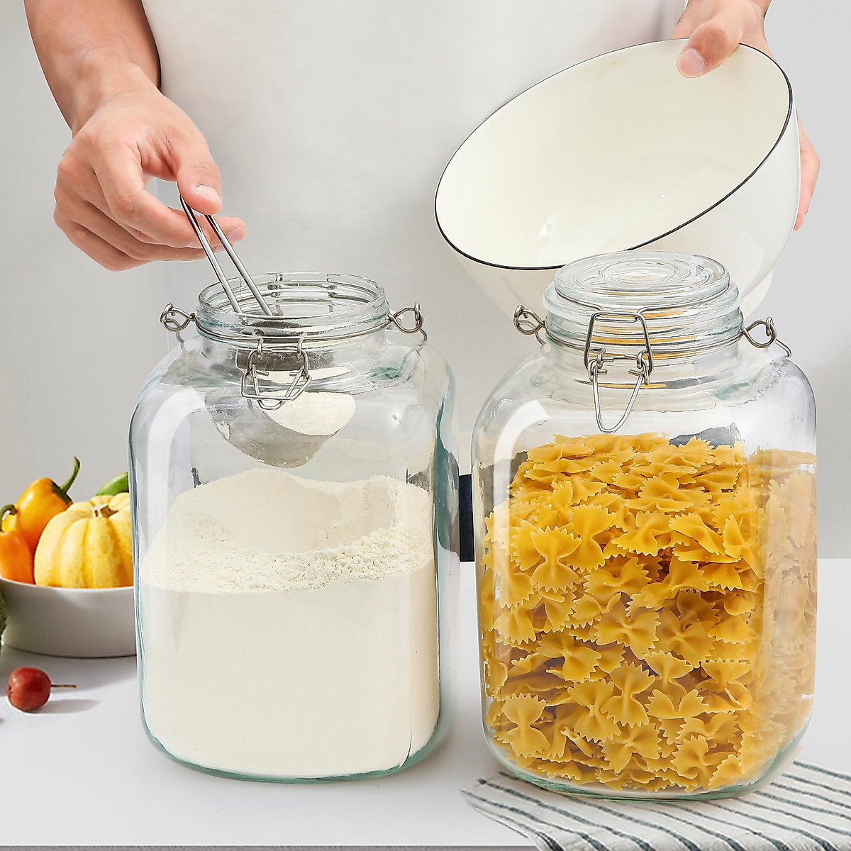Glass Jars with Airtight Lid, 1 Gallon Food storage containers with Lids, Cereal Containers Storage, 2 Pack Large Kitchen Glass Containers for Flour, Cereal, Coffee, Rice, Pasta and Canning.