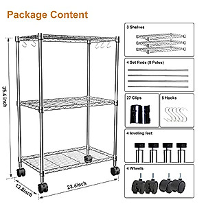 Storage Shelves, 3 Tier Shelf Adjustable Wire Shelving Unit, Sturdy Steel Metal Shelves Heavy Duty Shelving Rolling Cart with Casters for Garage, Kitchen, Living Room, Bathroom, 23.6L X 13.8W X 35.4H