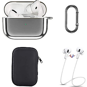Aiiko AirPods Pro Case Cover, Soft TPU Plated Full Protective Shockproof Cover with Keychain/Anti-Lost Straps and EVA Box Set for AirPods Pro Case 2019 (Front LED Visible)-Silver