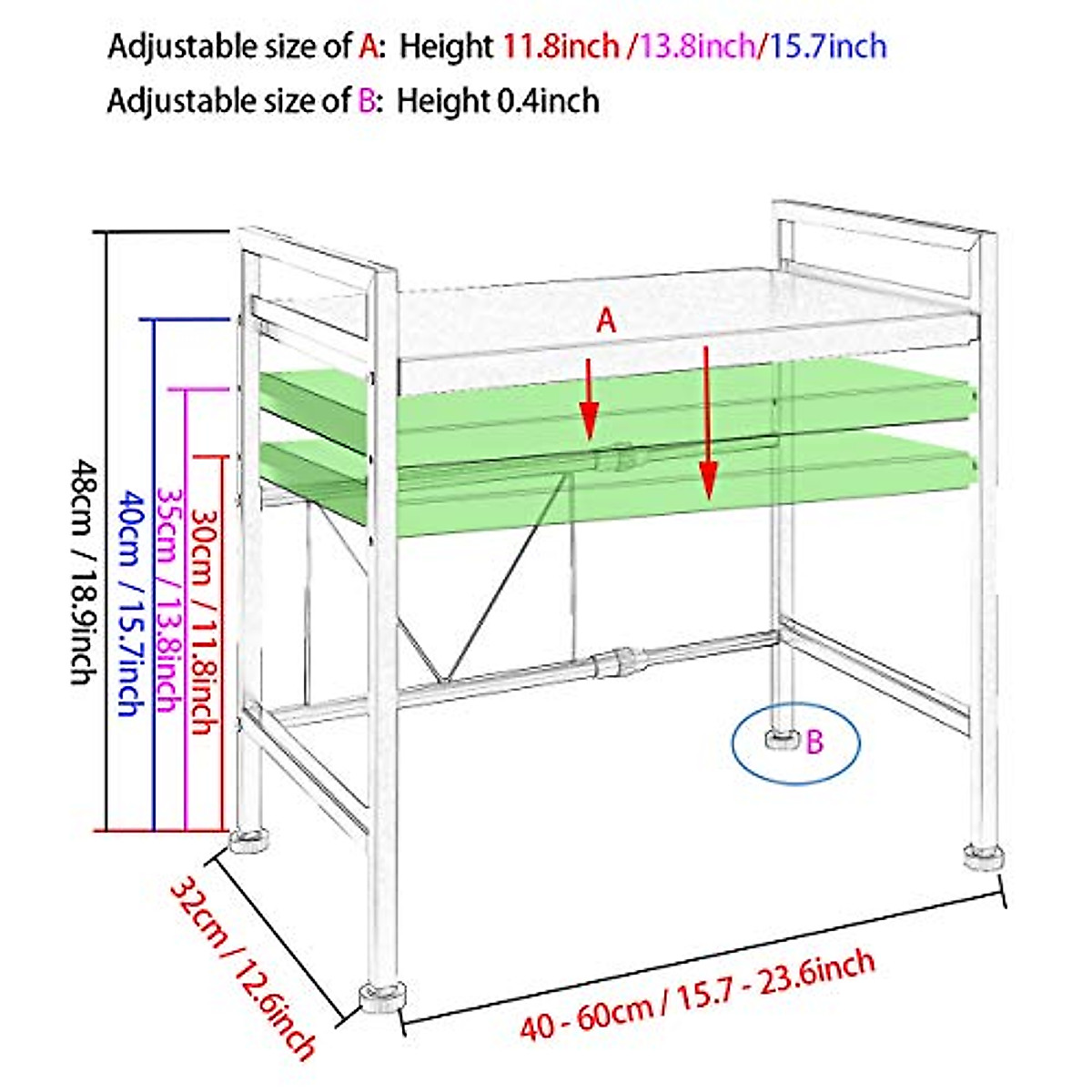 PUSDON Extendable Microwave Oven Rack, Adjustable Microwave/Toaster Shelf Heavy Duty Stand Kitchen Counter Top Organizer(L15.7~23.6" xW12.6 xH18.9), 2-Tier with 3 Hooks, 160lbs Weight Capacity, White