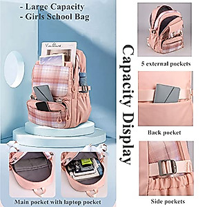 Girls Plaid Aesthetics Backpack Teens Lightweight Casual Bookbag Kawaii Travel Bag with Cute Pins Accessories Schoolbag