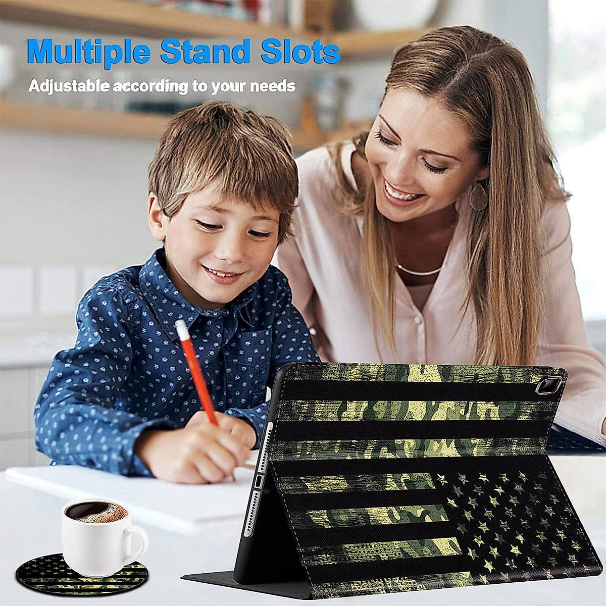 Case for iPad 10.2 8th Gen 2020 / 7th Gen 2019 / iPad Air 10.5" 2019 / iPad Pro 10.5, Durable Shockproof Protective Cover for iPad 8th / 7th with Coasters Set Camouflage American Flag Camo