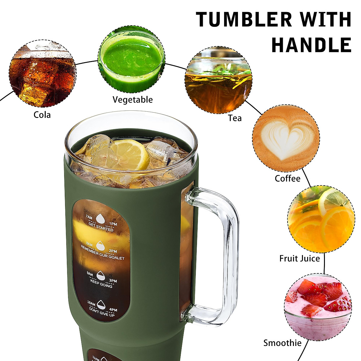 Zibtes 40 oz Glass Tumbler with Lid and Straws, Motivational Water Bottle with Time Marker and Silicone Protective Cover, Iced Coffee Cup with Handle,(Army Green)