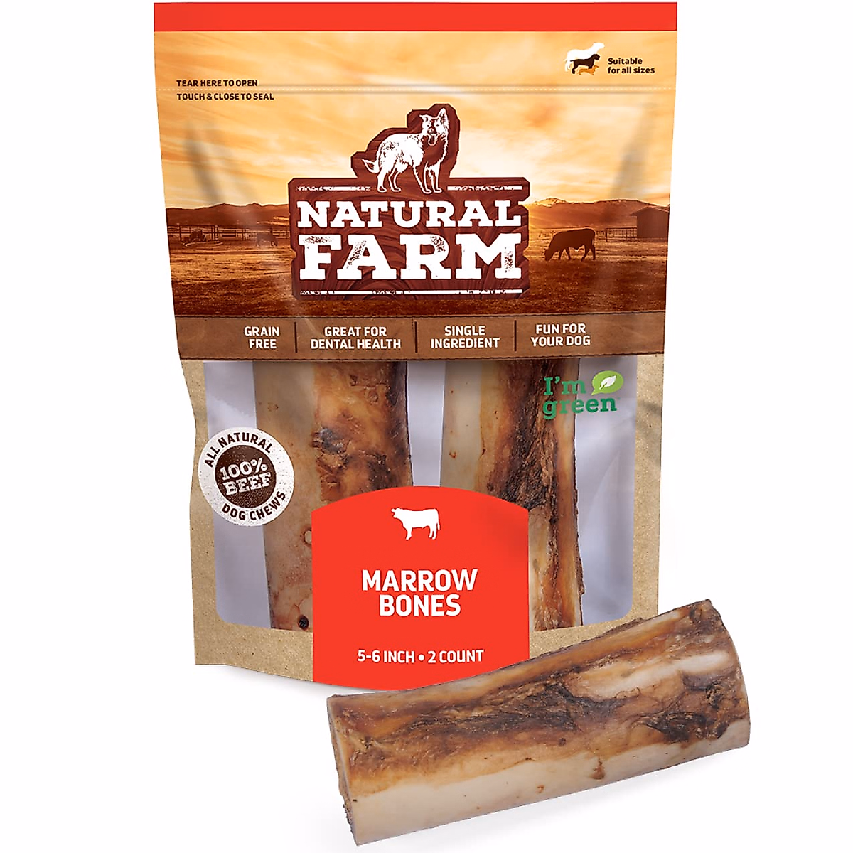 Natural Farm Dog Bones for Large Dogs (5-6 Inch, 2-Pack), 100% Beef Bone Marrow Dog Treats, High in Minerals & Vitamins, Grain-Free, Long-Lasting Bones Chews, Supports Dental Health