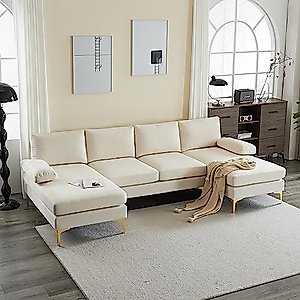 Karl home Convertible Sectional Sofa 110" U-Shape Sofa Couch 4-Seat Couch with Chaise Fabric Upholstered for Living Room, Apartment, Office, Beige