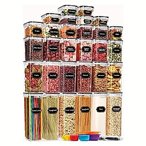 30 Pack Airtight Food Storage Containers for Kitchen Pantry Organizers and Storage, Plastic Kitchen Storage Canisters with Lids,Cereal, Flour & Sugar Containers - Labels, 6 Spoon & Marker