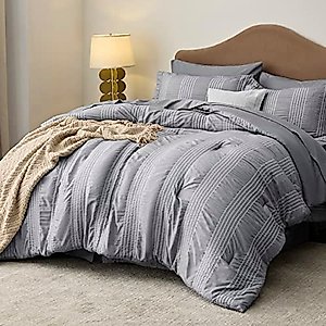 Bedsure Bed in a Bag Queen - Queen Comforter Set 7 Pieces Stripes Seersucker Bedding Set, Soft Lightweight Down Alternative Comforter, Queen Bed Set (Smoky Grey, Queen 88 x 88 Inch)