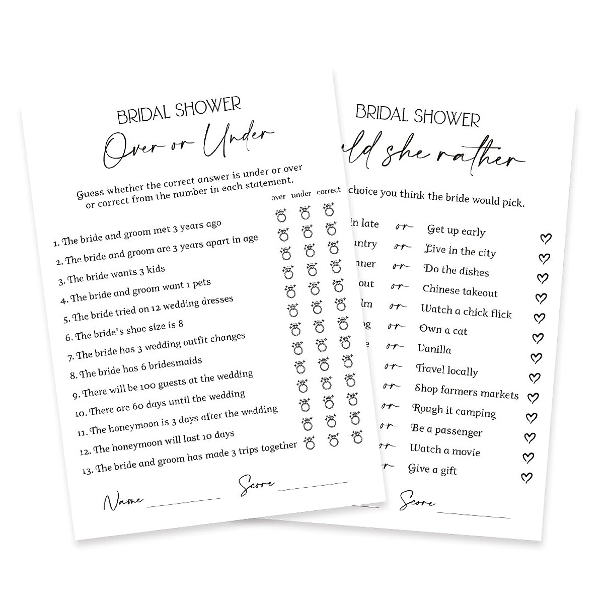 Tuiemie Minimalism Bridal Shower Game Cards, Wedding Shower Game Cards for 50 Guests, Double-Sided Game Cards, Over or Under Game and Would She Rather Game(xnbs04)
