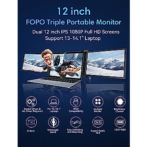 FOPO 12" Triple Laptop Screen Extender Triple Portable Monitor for 13"-14.1" Laptop, FHD 1080P IPS Dual Display, with Type-C/HDMI for Windows/MacOS/Switch -S12