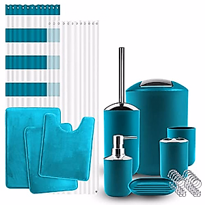 Clara Clark Bathroom Set – Bathroom Sets with Shower Curtain and Rugs, Soft Bathroom Rugs Non Slip, 23PC Teal Bathroom Accessories Set Complete with Bath Rugs, Shower Curtain Set with Liner and Hooks