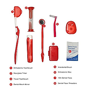 Boxed Portable Orthodontic Care Kit Orthodontic Toothbrush Kit for Braces for Orthodontic Patient Travel Oral Care Kit Dental Travel Kit Interdental Brush Dental Wax Dental Floss (8 Pcs/Pack)-Red