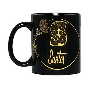 Coffee Mug Personalized Santos Name & Initial Letter Monogram Floral Alphabet Mug Golden Flowers Custom Black Coffee Cup, Gift for Her Mom Coworker Sister, Wife, Girl 11oz Black Mug 203879