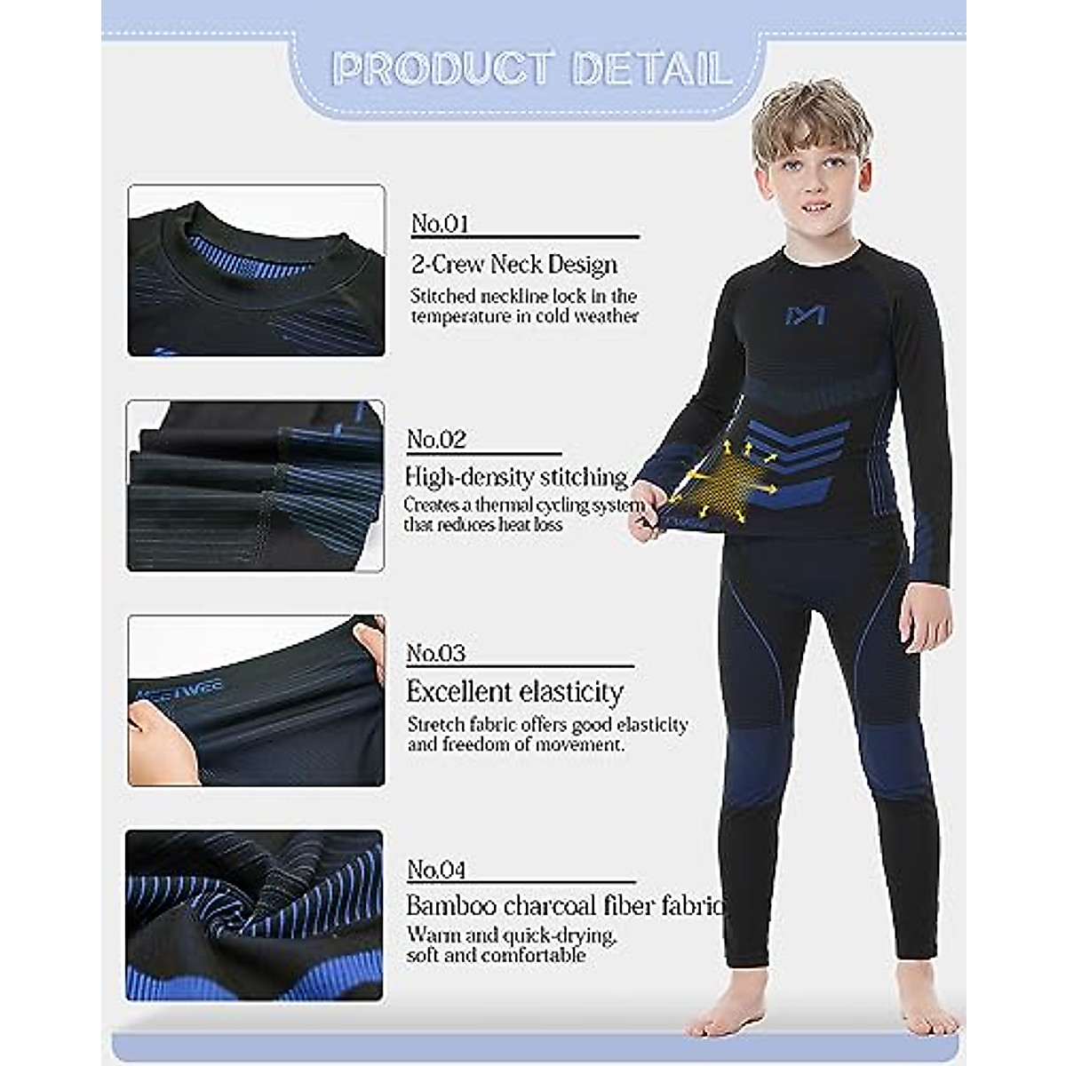 MeetHoo Children's Thermal Underwear Set, Breathable and Skin-friendly Sports Underwear, Bamboo Charcoal Underwear Base Layer Winter Ski Hunting Gear for Boys Cold Weather XS-L