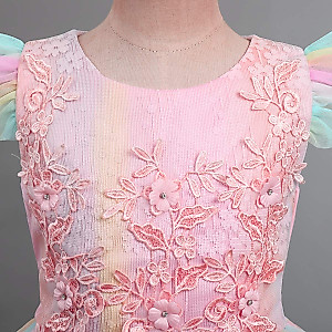 Little Big Girls Rainbow Costume Pageant Princess Party Tulle Dress Kids Floral First Communion Wedding Birthday Halloween Christmas Carnival Long Maxi Ball Gown Rainbow 7-8 Years