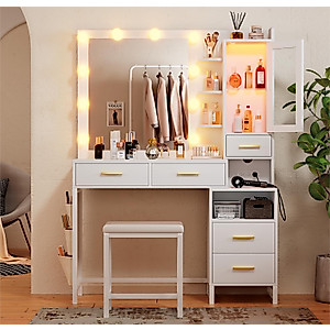 CSZZD Makeup Vanity Desk with Mirror and Lights, White Vanity Desk with Charging Station, LED Cabinet, 5 Drawers & Storage Bag, Vanity Mirror with Lights Desk and Chair, Vanity Table Set with Stool