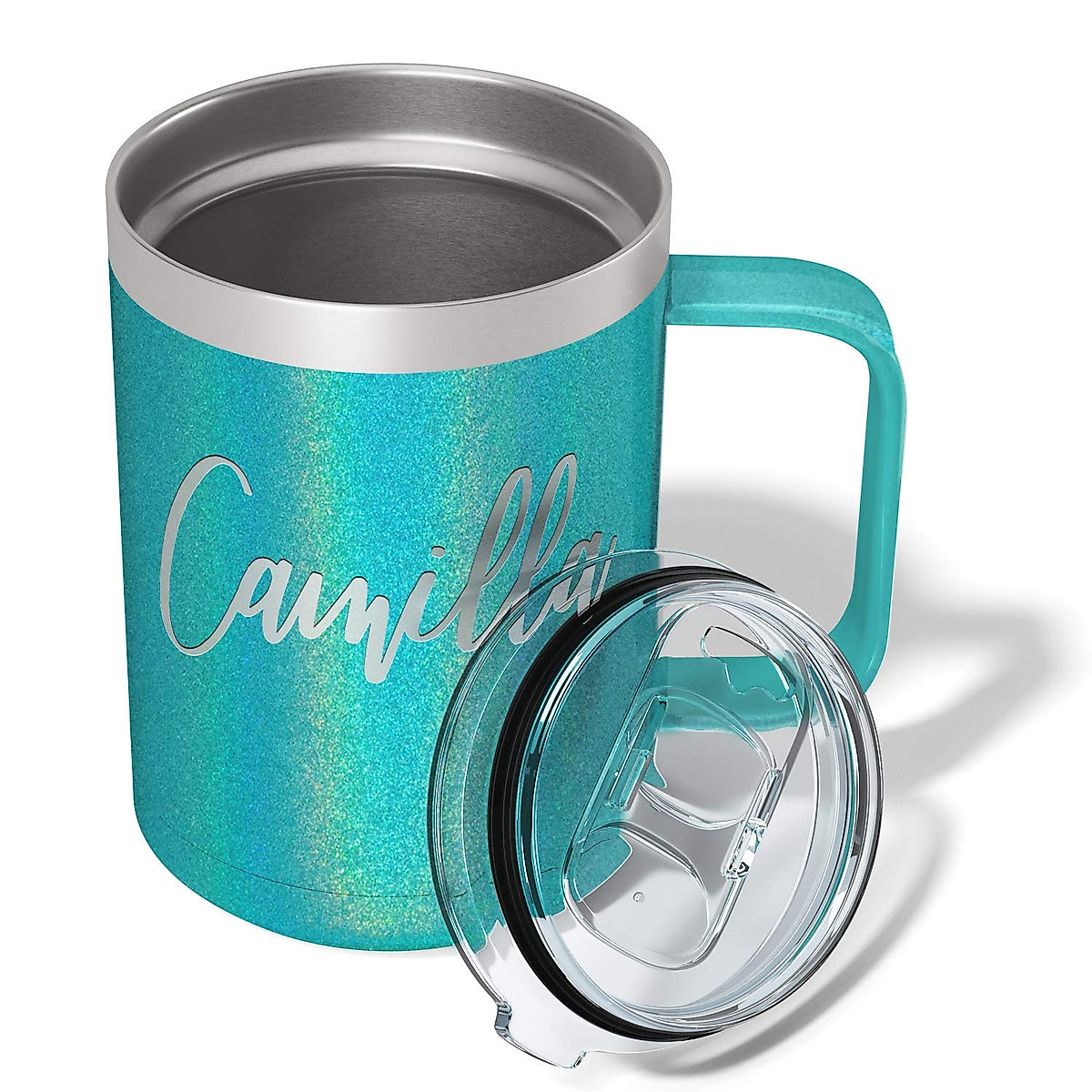 Personalized Coffee Mug Seafoam Glitter 15 oz with Lid and Handle Custom Engraved Gift Stainless Steel Vacuum Insulated Cup