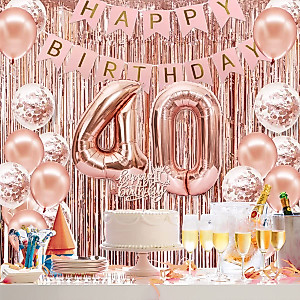 40th Birthday Decorations Women, Happy 40th Birthday Banner, Crown, Sash, Cake Topper And Number Balloon, Rose Gold 40 Birthday Party Decorations For Women