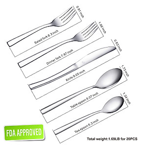 Ferfil Flatware Set, 20-Piece Stainless Steel Silverware /Cutlery /Tableware Set Service for 4, Include Knife/Fork/Spoon, Mirror Polished, Dishwasher Safe