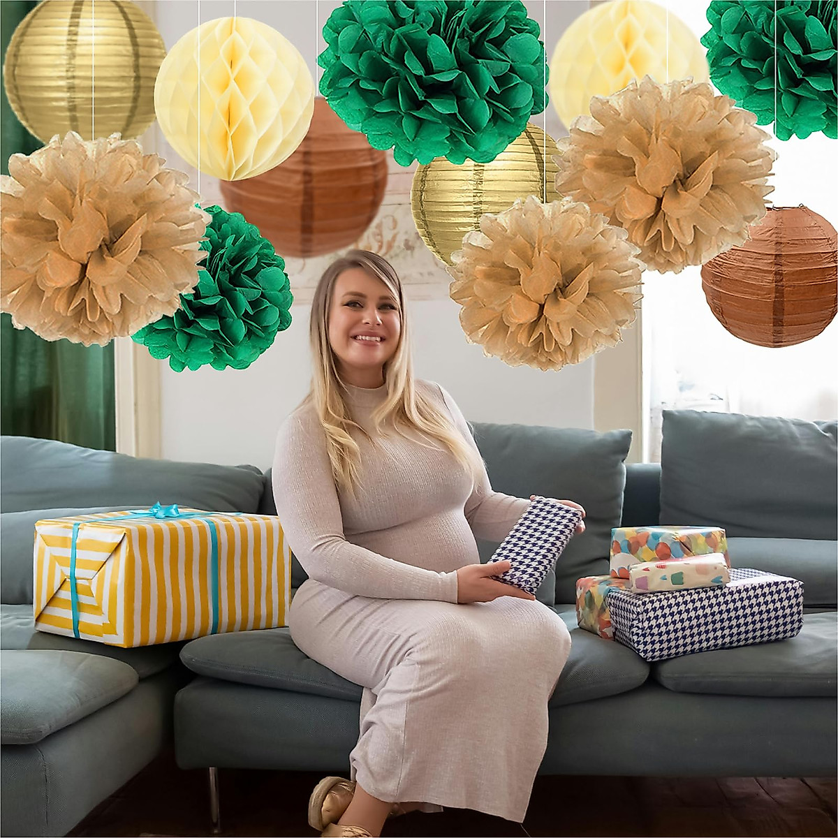 HappyField Woodland Animals Birthday Party Decorations Woodland Animals Baby Shower Decorations for Boy or Girl Rustic Gold Green Tan Brown Tissue Poms Paper Lanterns Gender Neutral Baby Shower Decor