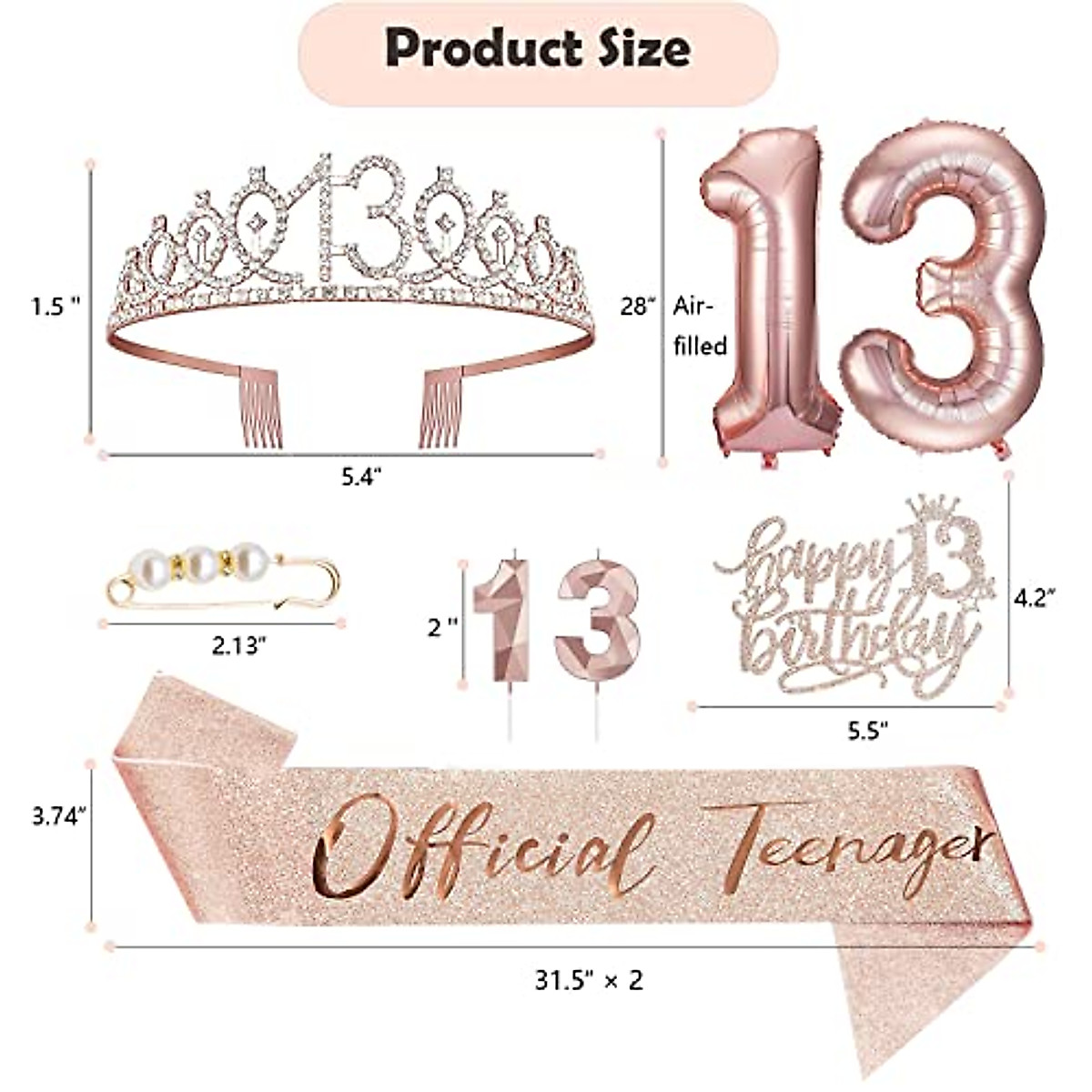 8pcs 13 Birthday Decorations for Girls, Including 13th Happy Birthday Cake Toppers, Birthday Queen Sash with Pearl Pin, Sweet Rhinestone Tiara Crown, Number Candles and Balloons Set, Rose Gold