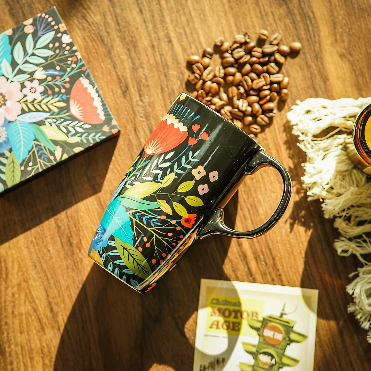 DUSVALLY Ceramic Mug Large Coffee Cup Tall Mugs Porcelain Latte Tea Cup with Lid and Color Box 17oz.Black and Colorful Flowers