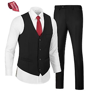 WOMS Mens Suits 2 Pieces Slim Fit Waistcoat Dress Pants Wedding Business Outfit Suit for Men Formal Tuxedo Black XS