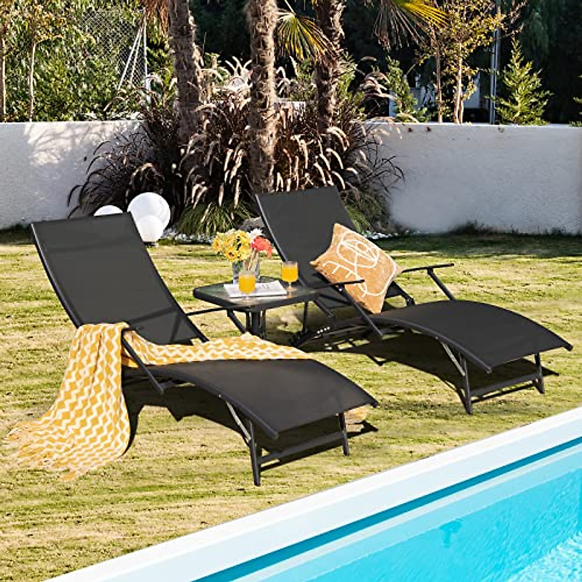 Giantex Set of 2 Patio Chaise Lounge Chairs, with 5-Level Adjustable Backrest, Armrests, Fast-Drying Fabric, Foldable and Stackable Lounger for Poolside, Backyard Outdoor Chaise Recliner,Black