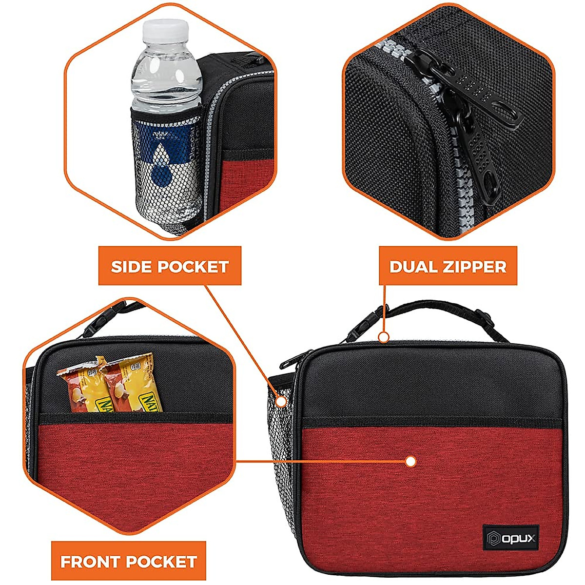 OPUX Insulated Lunch Bag Kids, Lunch Box for School Boy Girl, Leakproof Small Reusable Compact Soft Mini Cooler Bag, Toddler Small Lunch Boxes Kit Pail with Front Side Pockets (Red)