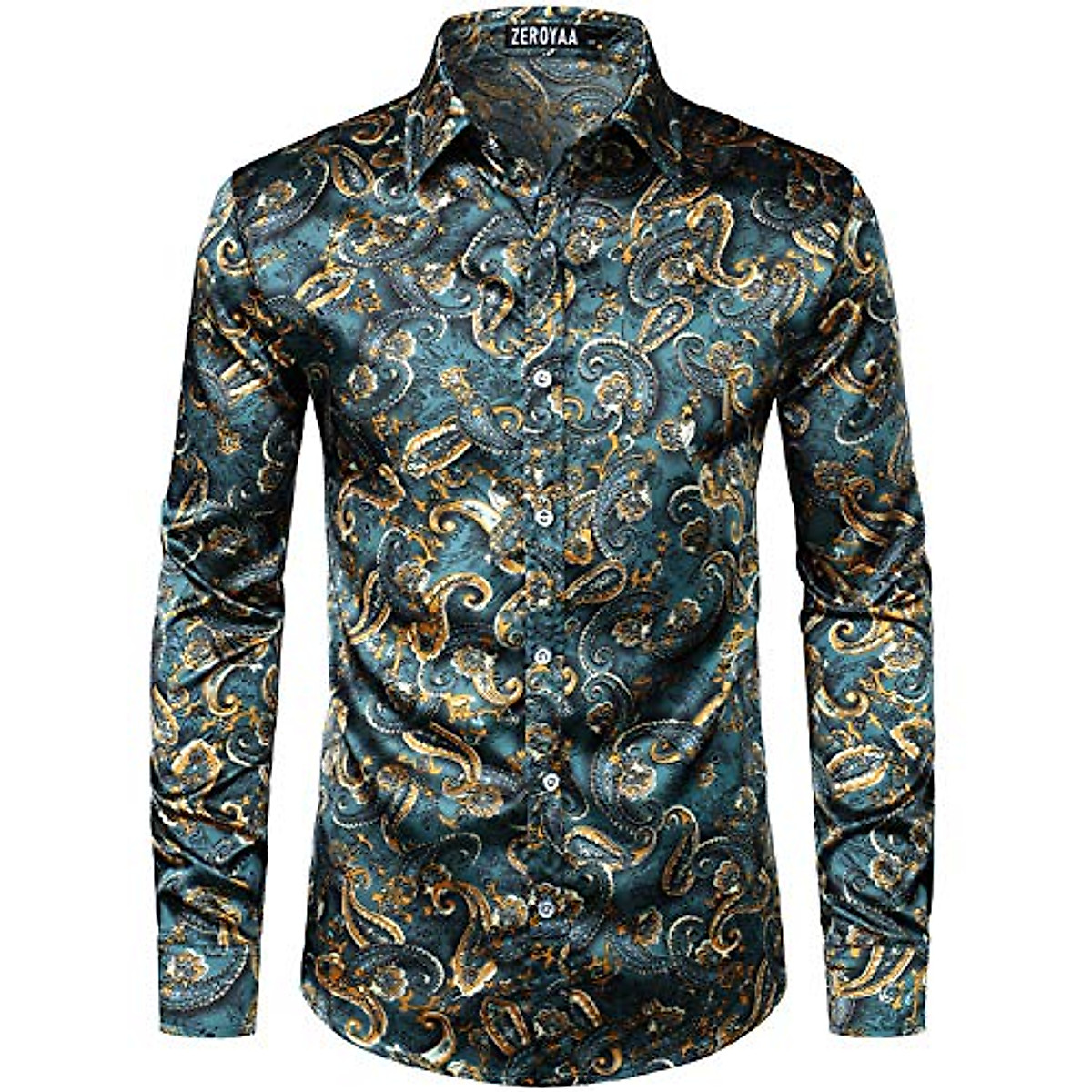 ZEROYAA Men's Hipster Design Silk Like Satin Button Up Paisley Dress Shirt for Party Prom ZLCL31-101-Teal Medium