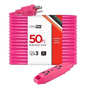 UltraPro 50 Ft Outdoor Extension Cord 3 Outlet Extension Cords Outlet Power Strip Short Extension Cord with Multiple Outlets Grounded Heavy Duty Extension Cord 16 Gauge UL Listed Hot Pink 50816