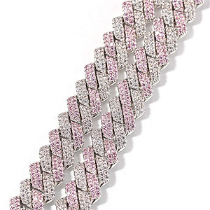 ICEDIAMOND 13mm Color Mixed Iced Out Miami Cuban Chain Necklace, Prong Setting Full Pink Clear CZ Diamond Hip Hop Choker Chain, Gold Plated Fashion Jewelry for Unisex (16'')