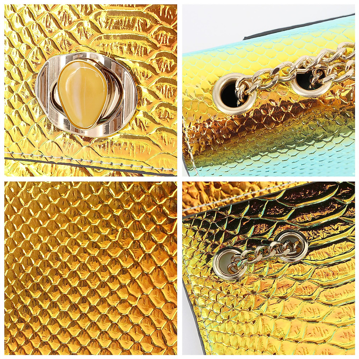 Gabrine Womens Evening Bag Holographic Snake Skin Leather Shoulder Bag Crossbody Bag with Detachable Chain, Yellow