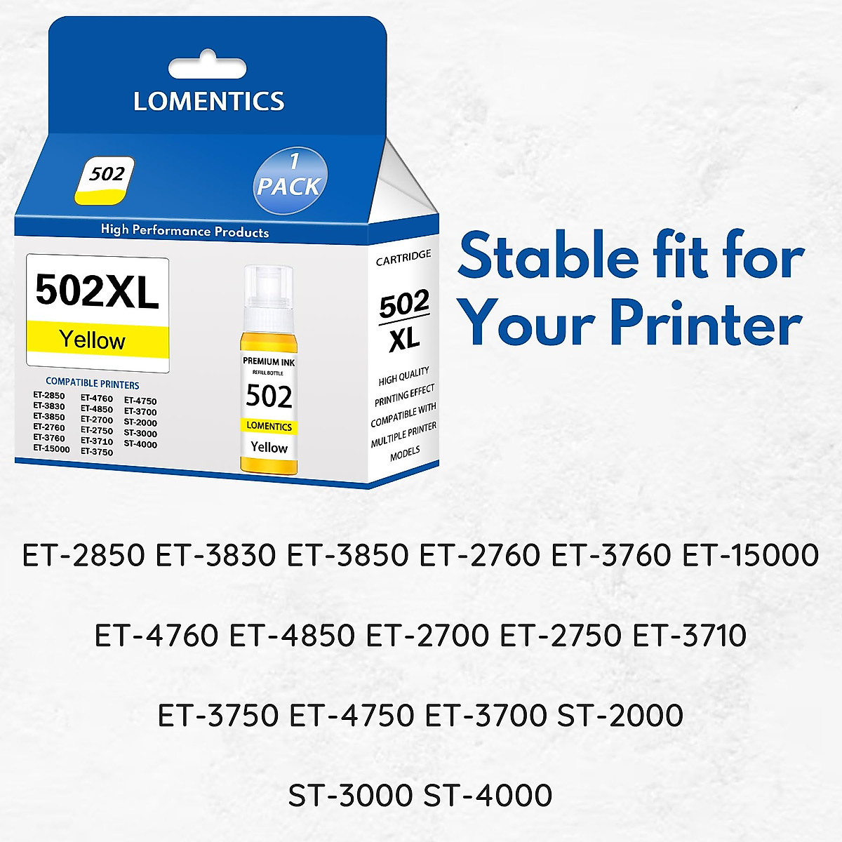 502XL Ink Refill Bottles Yellow LOMEN Replacement for epson 502XL 502 ET-2850 ET-3830 ET-3850 ET-2760 ET-3760 ET-15000 ET-4760 ET-4850 ET-2700 ET-2750 ET-3710 ET-3750 ET-4750 ET-3700 (1 Pack,Yellow)