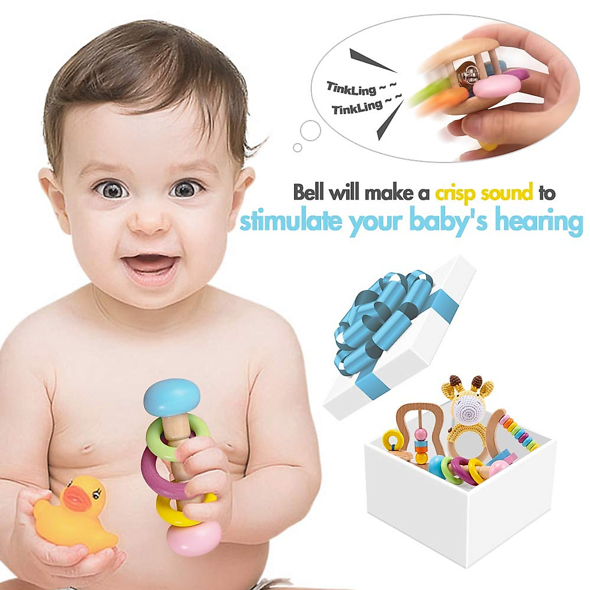 Bopoobo Wooden Baby Rattle-5PCS Natural Crochet Giraffe Organic Montessori Toys Wooden Baby Toys Early Development Rattle Perfect for Baby 6-12 Months Infant Wooden Toy Safe Wood Rattle Crafts