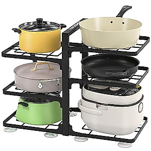 HAUSHOF Pots and Pans Organizer, 16" Heavy Duty 150LBS Pot Holders for Kitchen, 6-Tier Adjustable Pan Rack under Cabinet with Suction Cup, Snap-on Cookware Storage Organization Pot Pan Stand Stacker