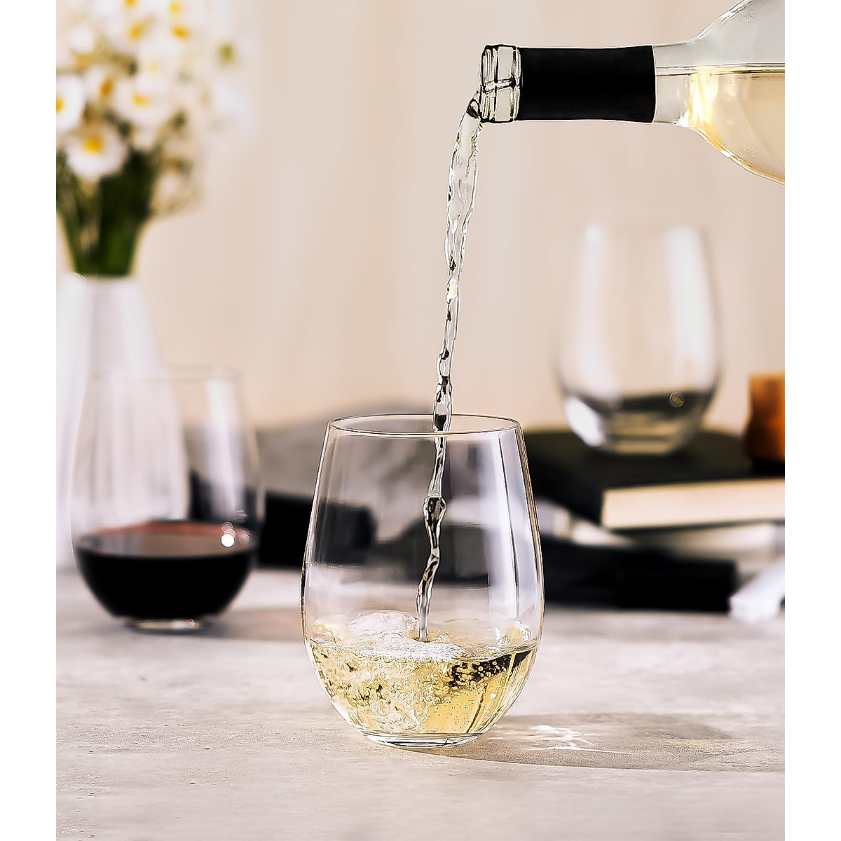 LUNA & MANTHA Stemless Wine Glasses Set of 4, Crystal Red White Wine Glasses for Daily Use, Hosting, Home Bar, Evening Party, Birthdays, Shower, Housewarming Gift - 18oz Clear