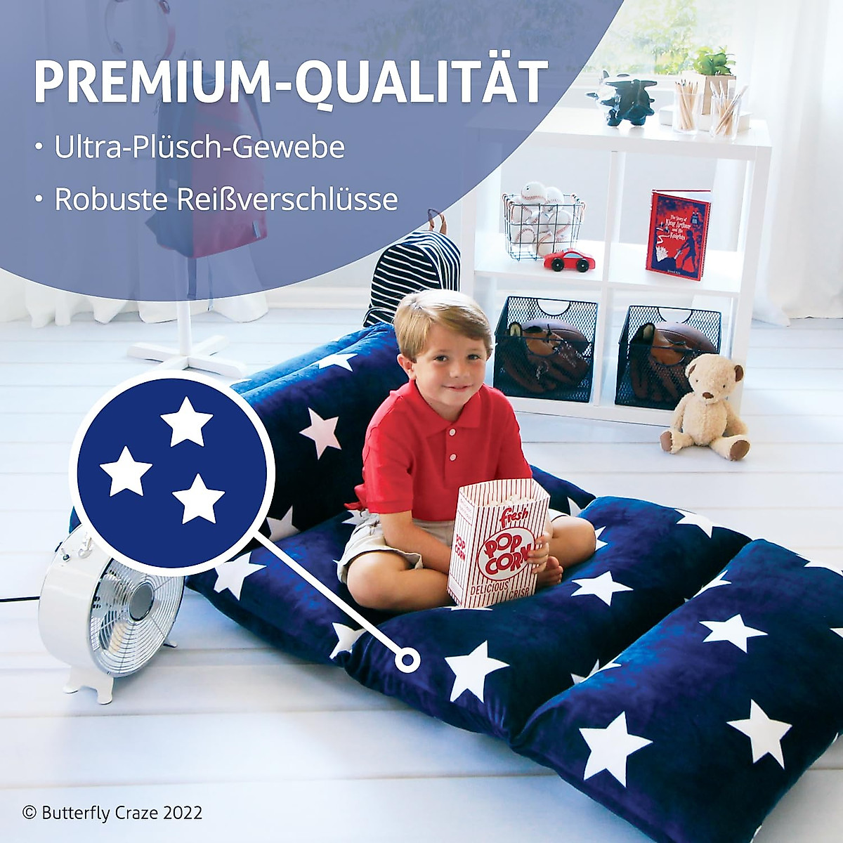 Butterfly Craze Floor Pillow Case, Mattress Bed Lounger Cover, Star Navy, Queen Size - Cozy Seating Solution for Kids & Adults, Recliner Cushion, Perfect for Reading, TV Time (Pillow Not Included)